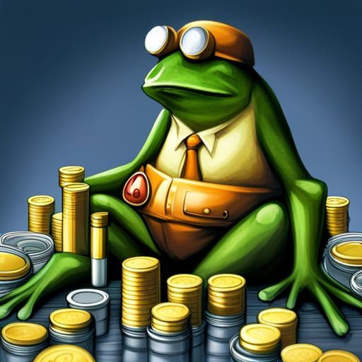 A frog dressed in construction attire, Sitting in a throne atop a pile ...