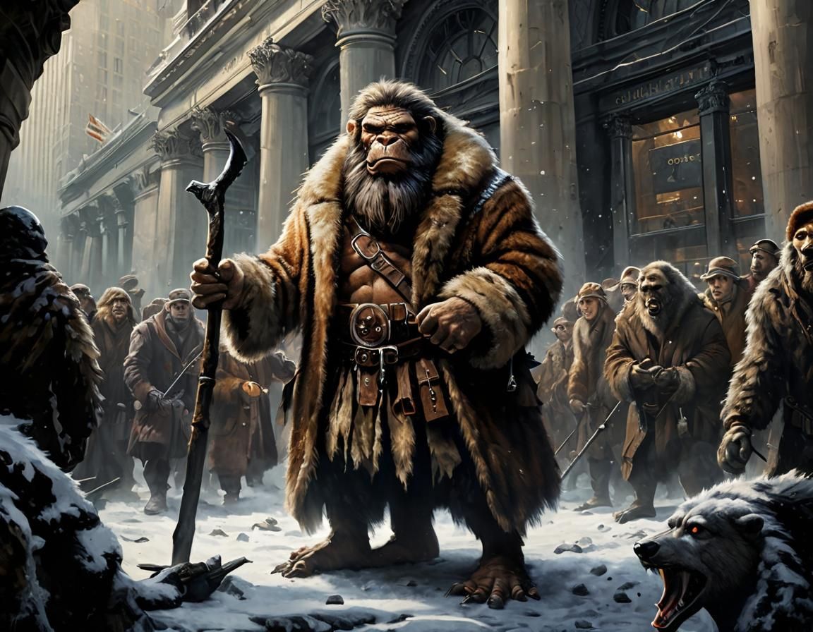 caveman dressed in furs with club in hand on a wallstreet stock ...