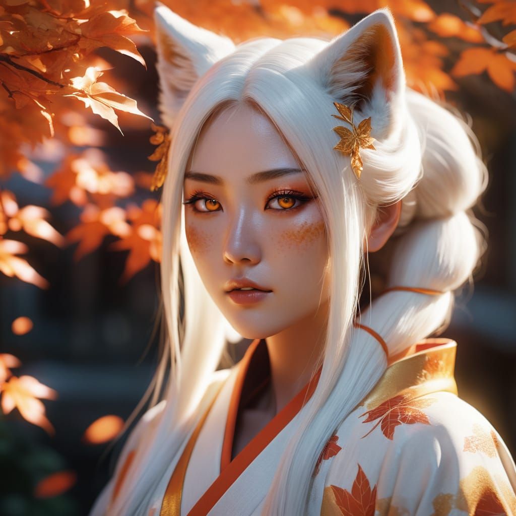 Photorealistic full body picture of a Kitsune woman. Bathed in ...