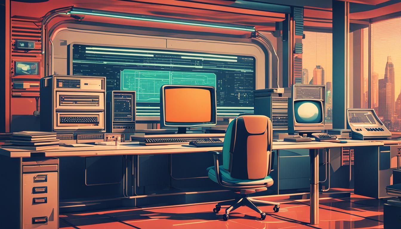 retro style, retro futurism, retro computer in an ultramodern office ...