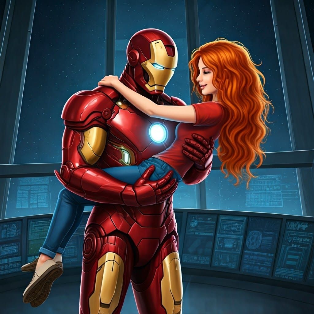 Iron Man and Kiry in High-Tech Avengers Tower - AI Art