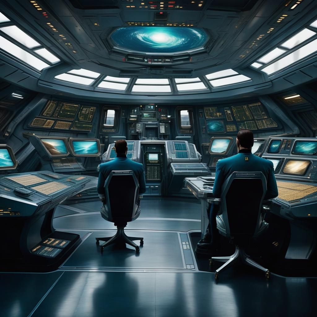 "The inside of the starship Enterprise" with the captain sitting at the ...