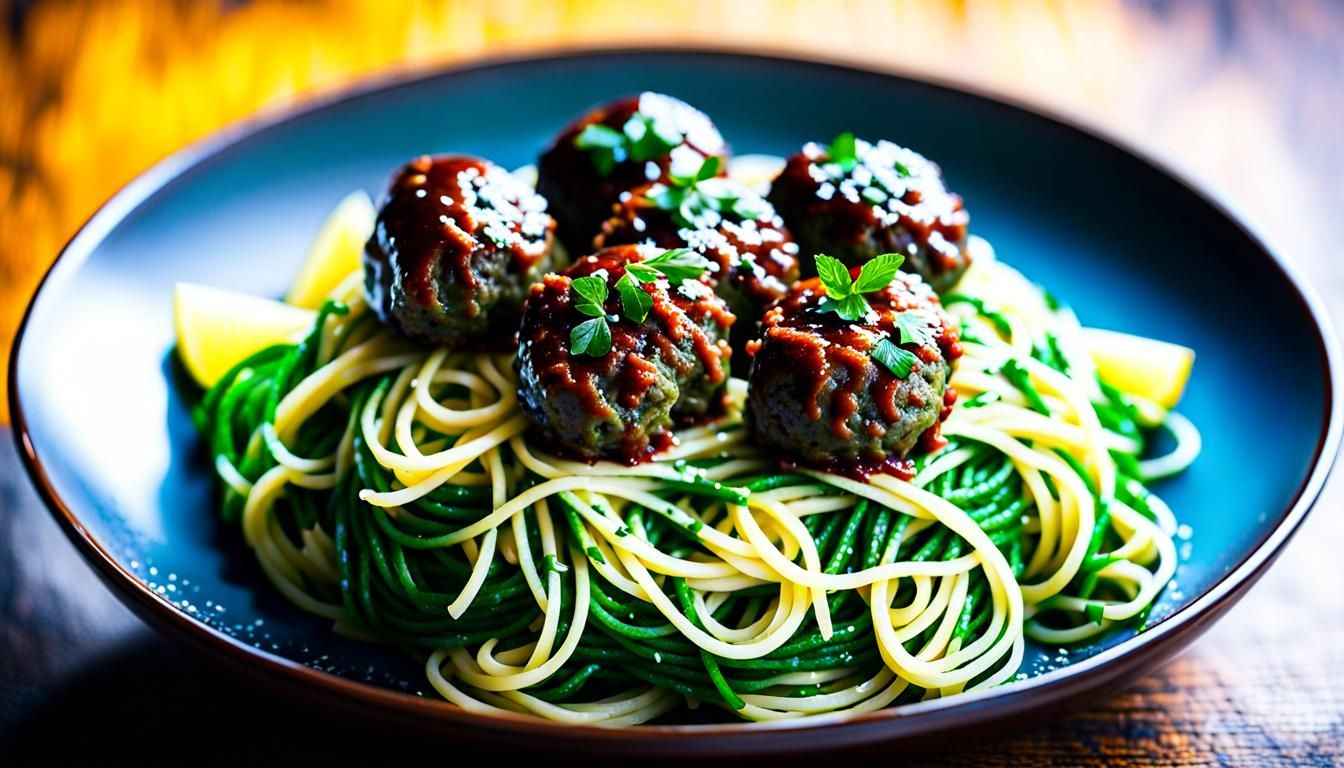 Green Spaghetti and Blue meatballs Professional photography, bokeh ...