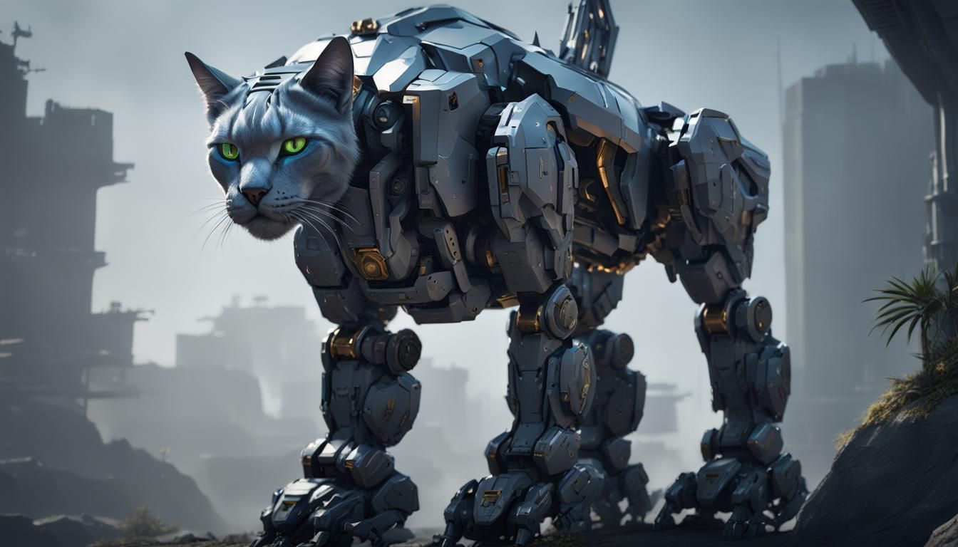 jungle robotic russian blue cat mecha, feline zoid cat mech grey zoid ...