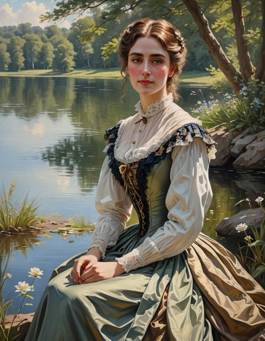 Very Beautiful young Victorian woman in a Victorian dress sitting by a ...