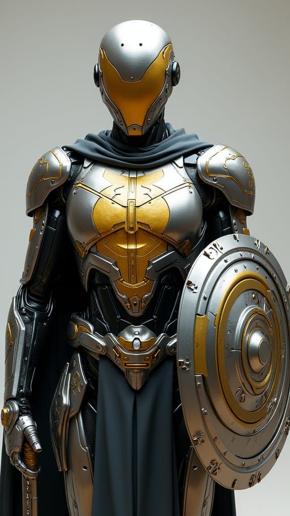 Cyberpunk Cyborg Hero with Sword and Shield - AI Art