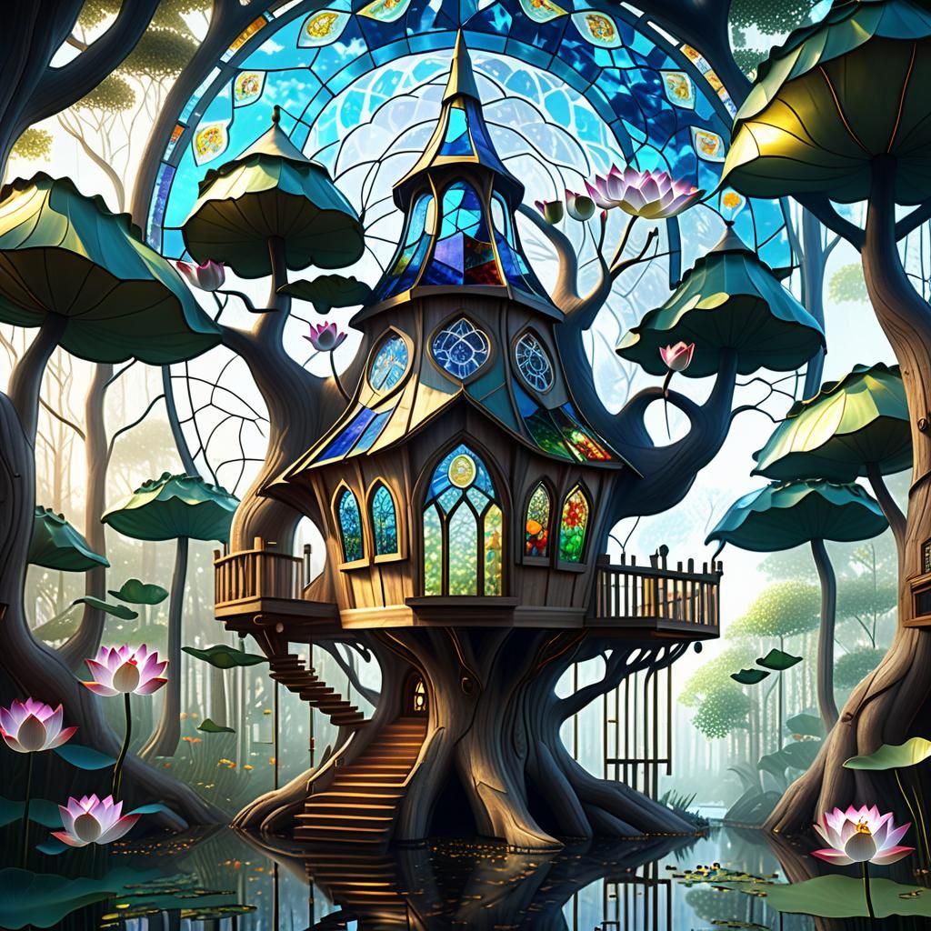 Stained glass treehouse - AI Generated Artwork - NightCafe Creator