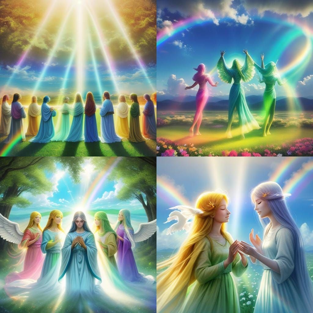 Beautiful Spiritual Ethereal beings gathered in heavenly nature with ...