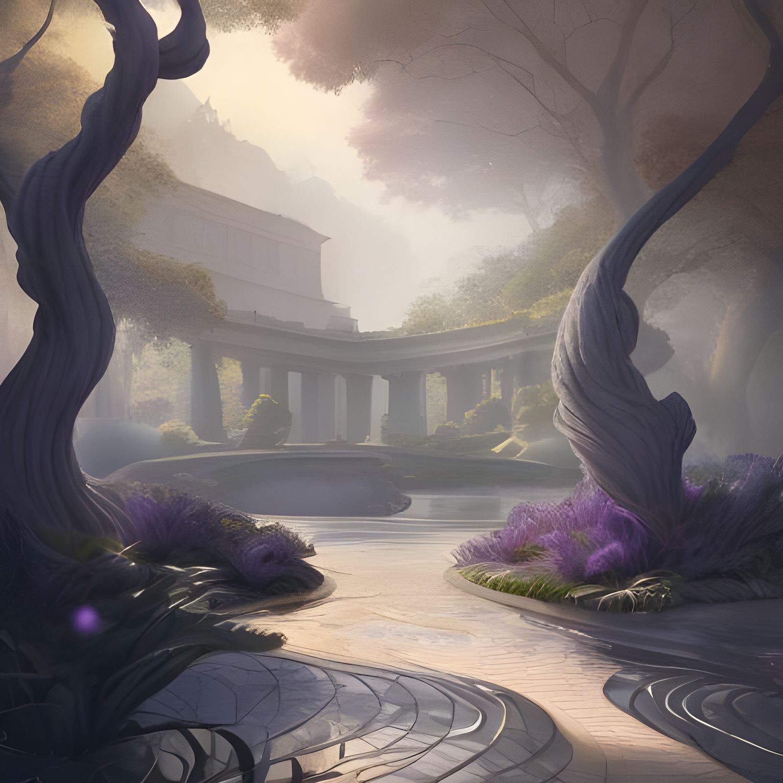 sinuous pathway palladian garden trees leaves follies, water, water ...