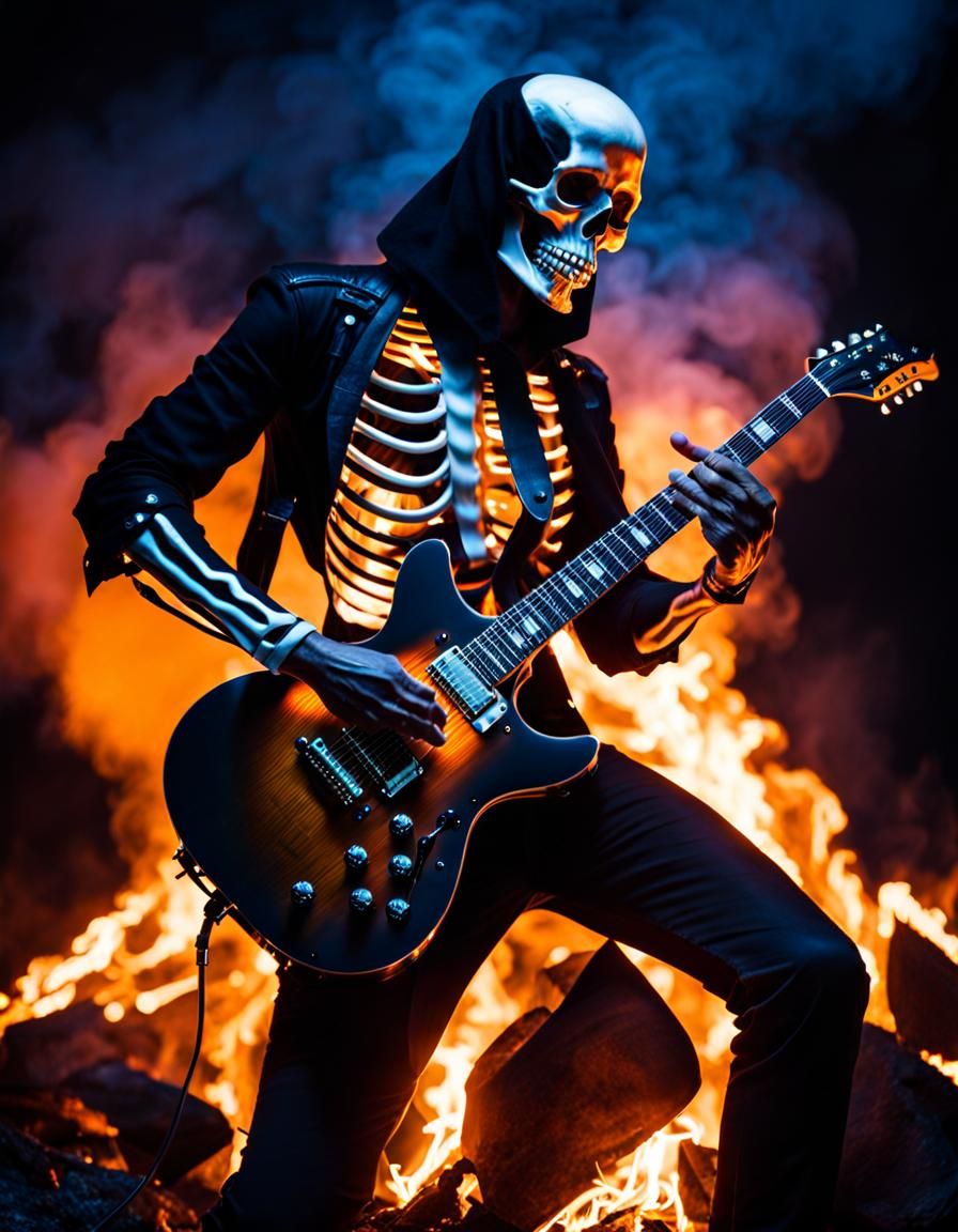Skeleton rock musician playing electric guitar - AI Generated Artwork ...