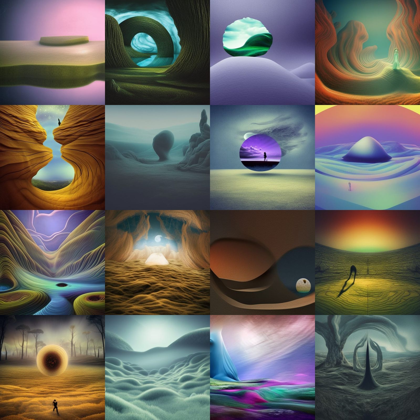 surreal, dreamlike landscape, distorted shape, distorted figure ...