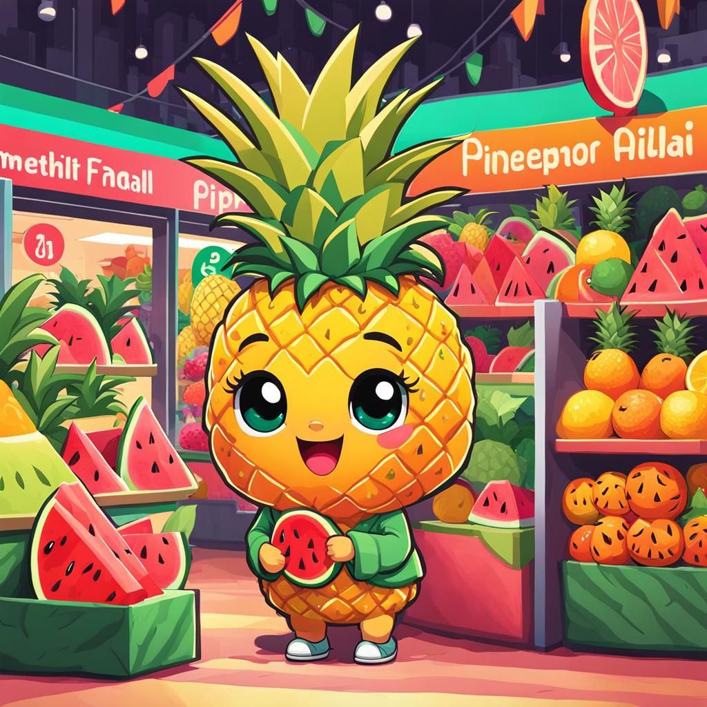 Shy chibi pineapple making friends with a chibi watermelon and a chibi ...