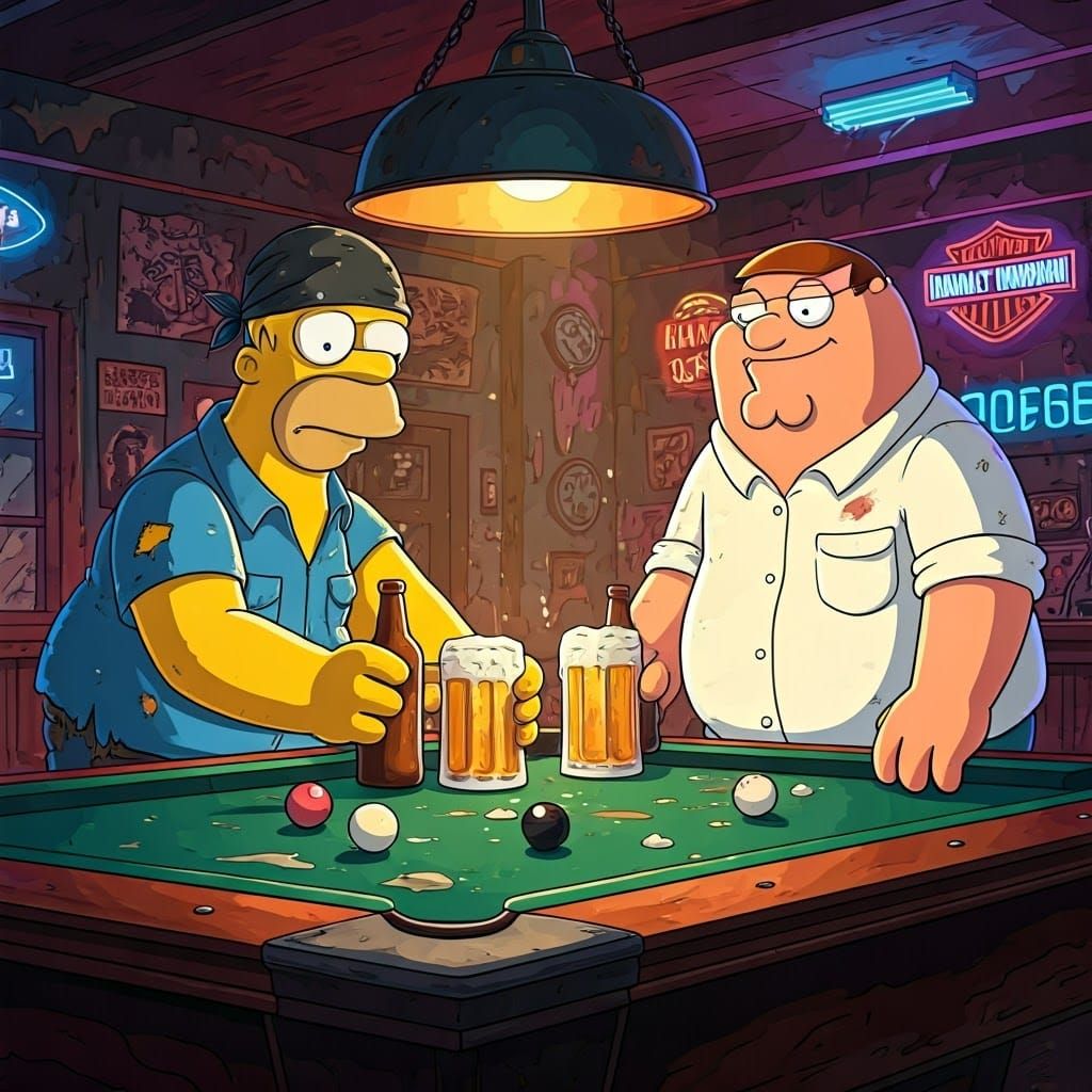 Biker Bar Legends Homer Simpson and Peter Griffin - AI Art