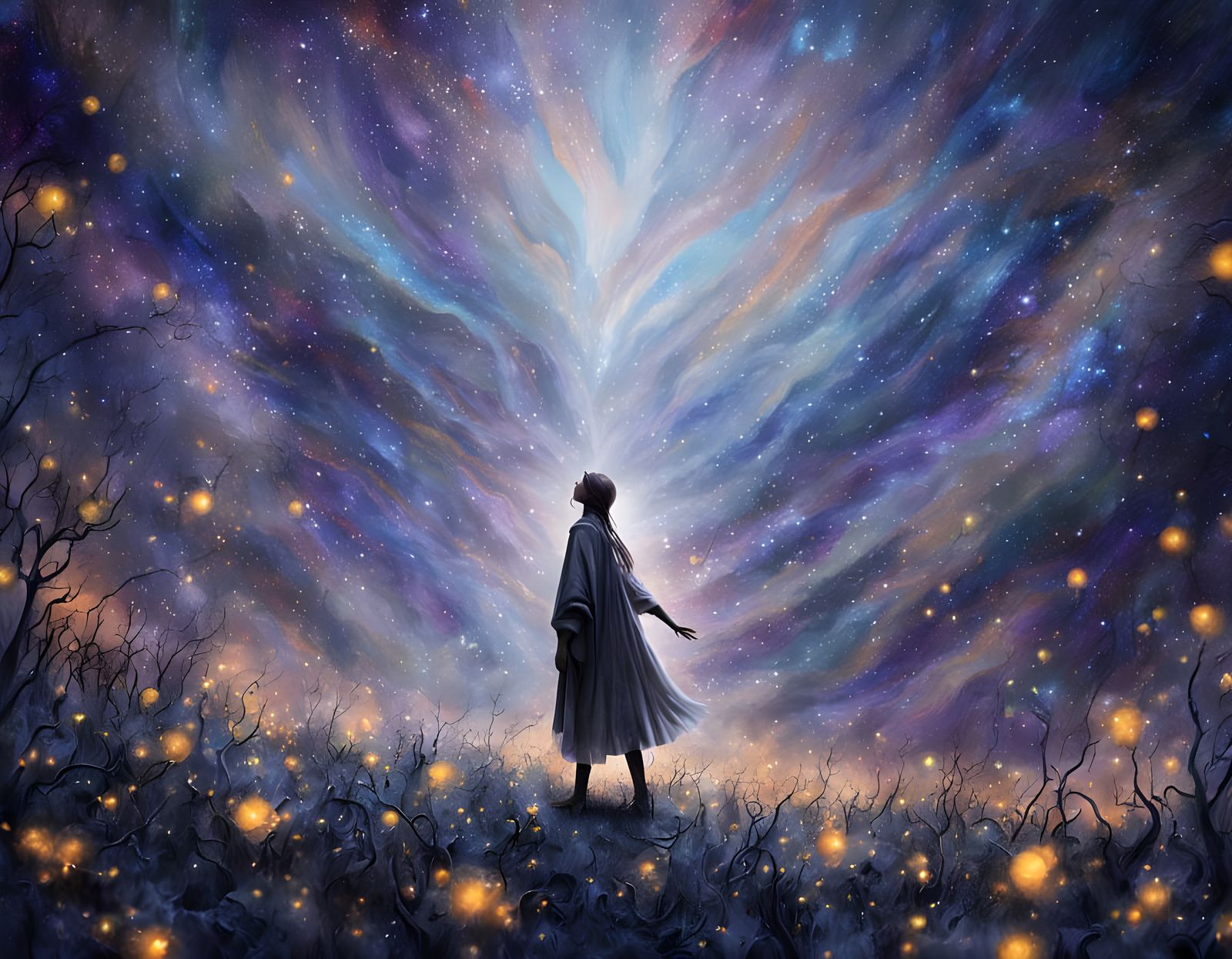 Ethereal Awakening - Girl Contemplating Celestial Wonders in...