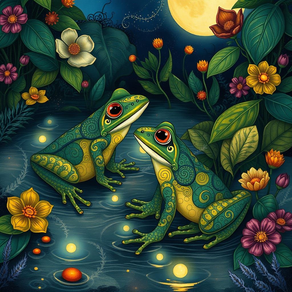 whimsical frogs - Golden Frogs in Enchanted Moonlit Pond