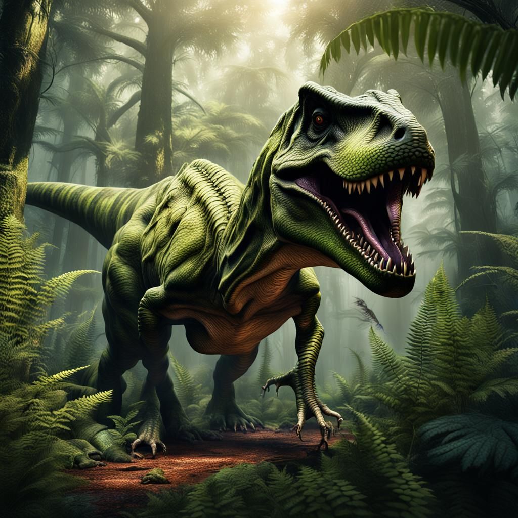 T-rex dinosaur in a primeval fern forest - AI Generated Artwork ...