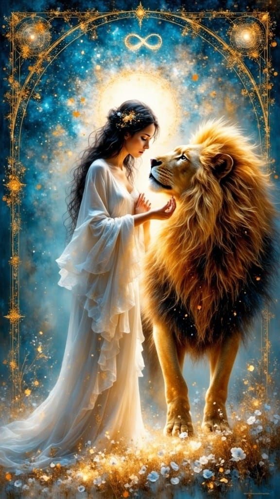 A serene figure with a halo of celestial fire gently tames a great ...