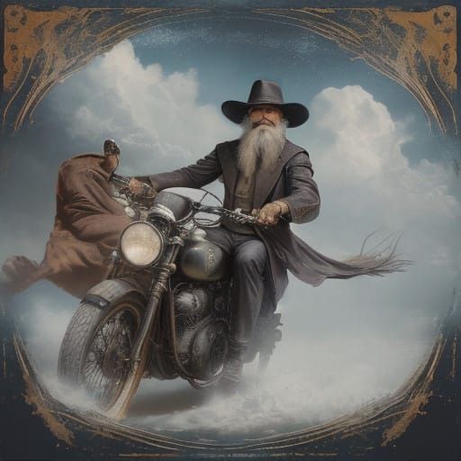 Mystical Wizard Rides Celestial Motorcycle in Drea... - AI Art
