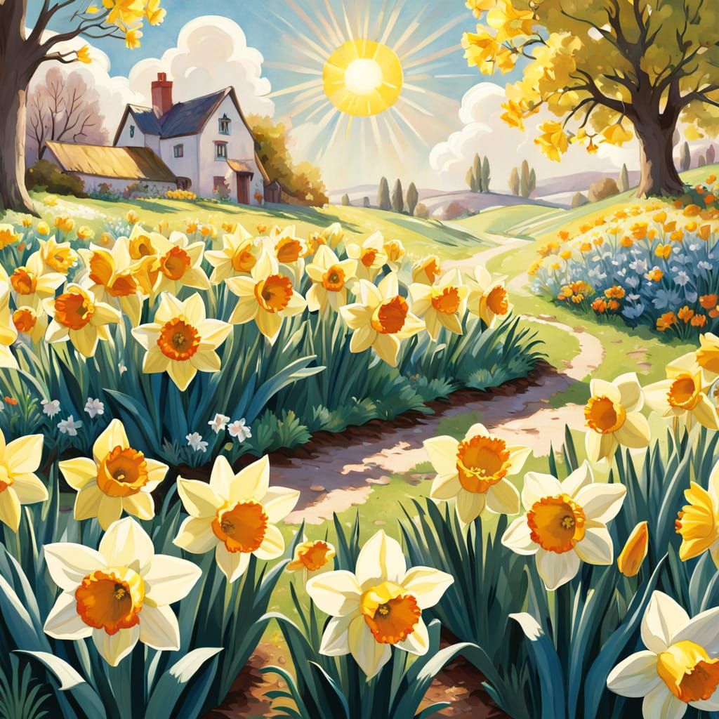 Daffodil flowerbed and a shiny sun - Whimsical Daffodil Land...