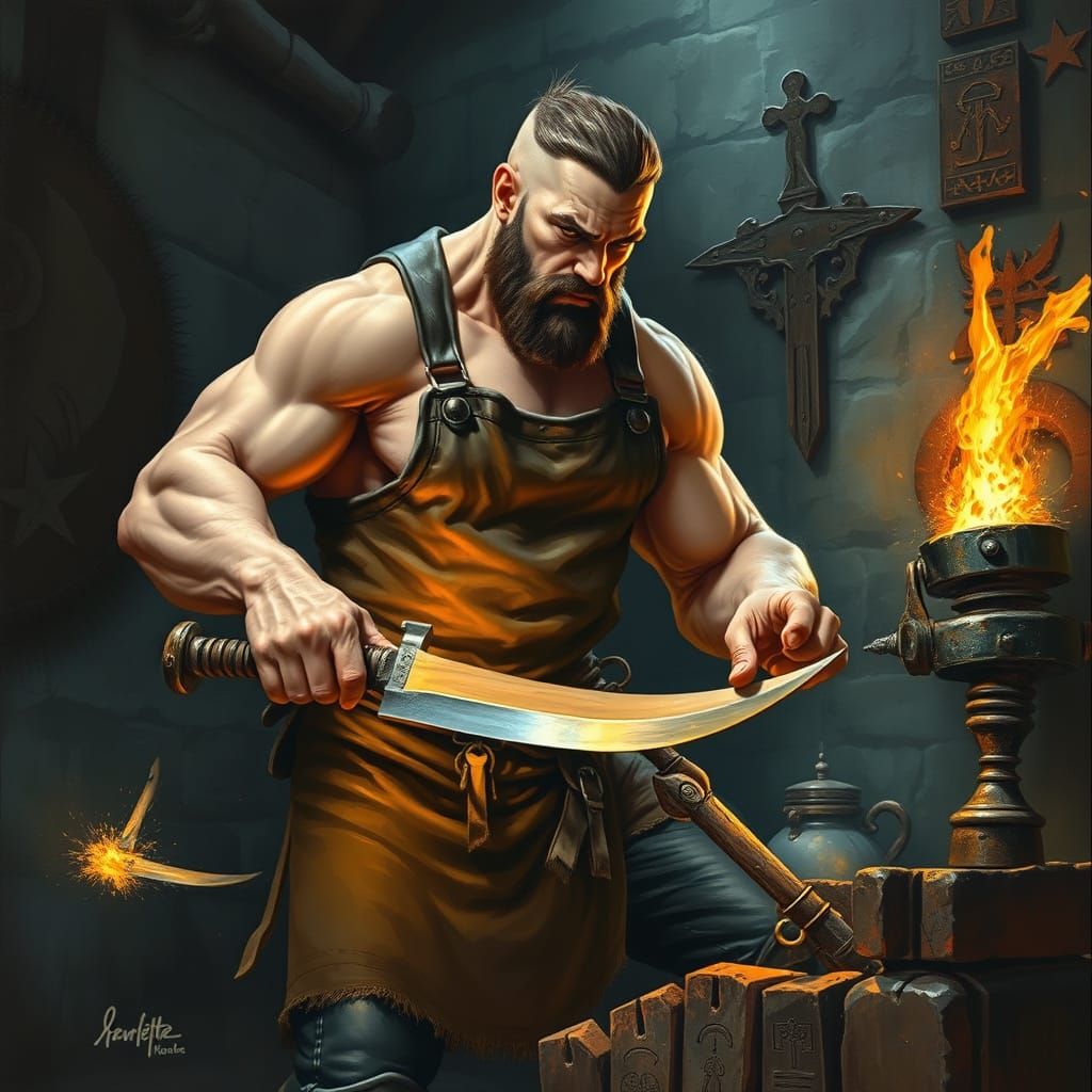 Blacksmith Forging Sword in a Fantasy Forge - AI Art