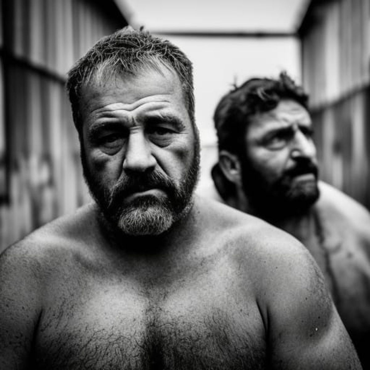 photography 50mm lens, close up of two homeless men 35 years old, ugly ...