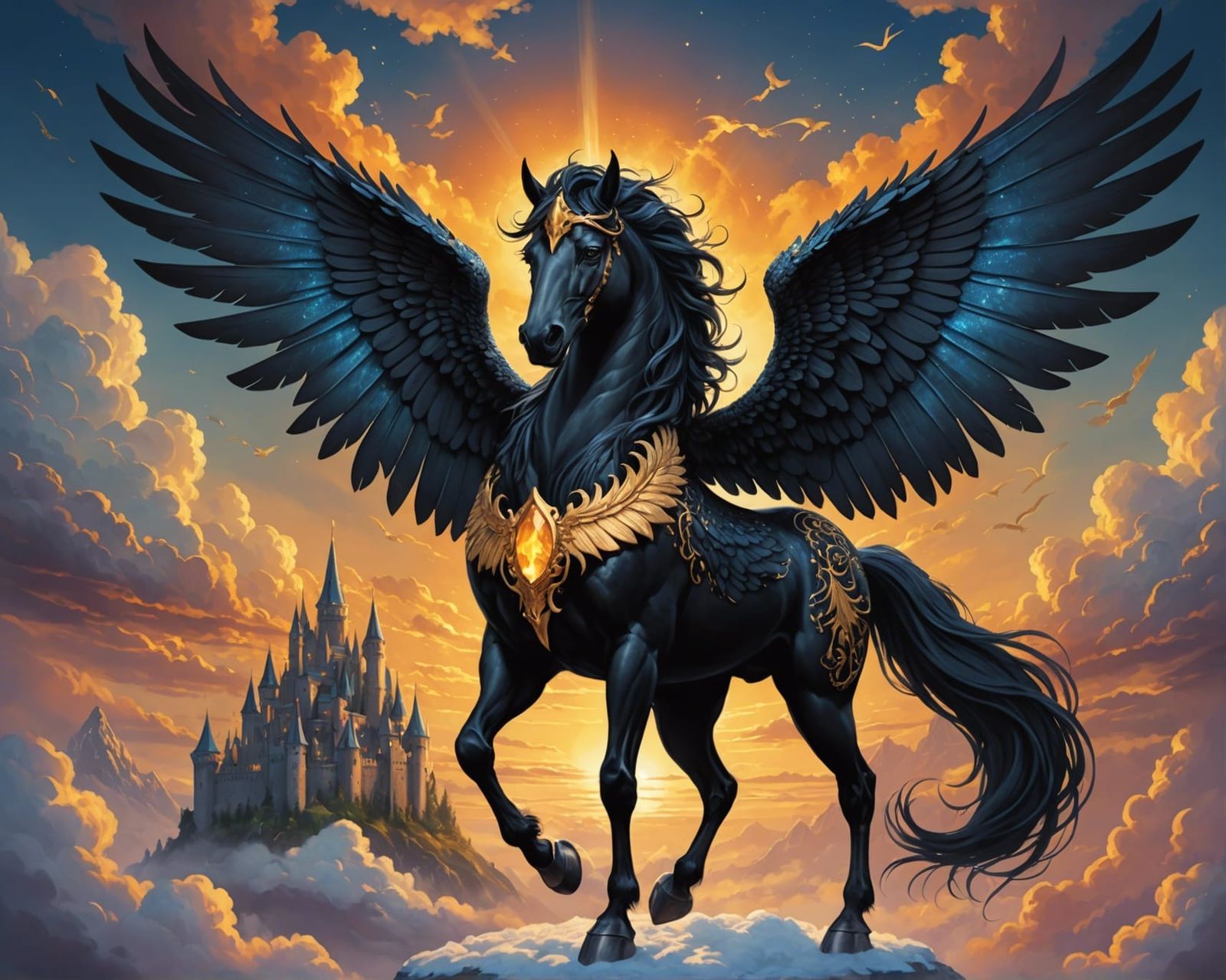 Midnight Pegasus Soars Over Crystal Castle - AI Art