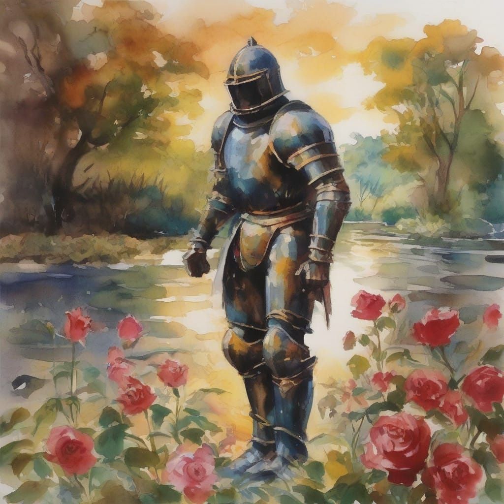 Ethereal Gothic Knight in Gilded Armor Amidst Crim... - AI Art