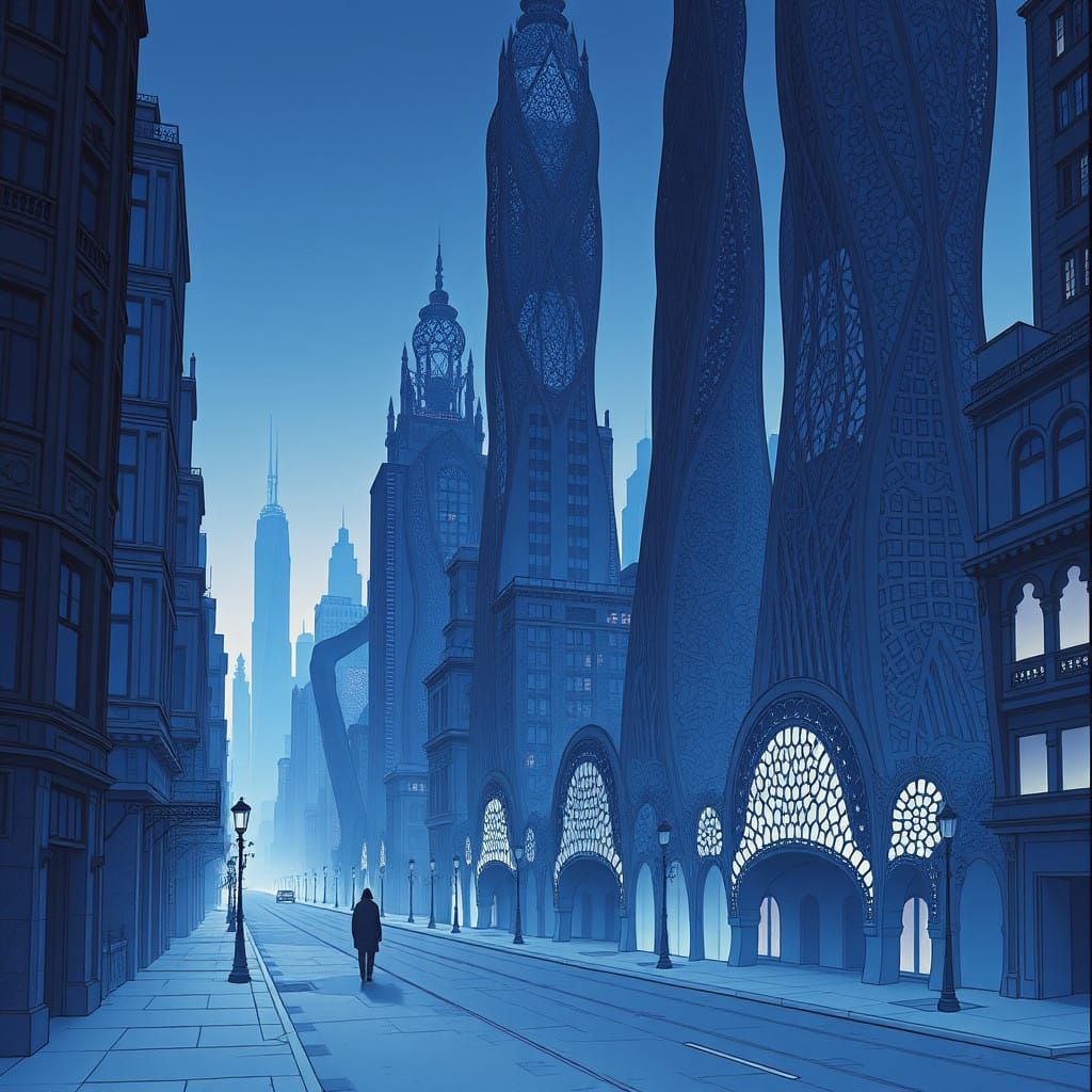 "Indigo City" - Indigo Cityscape in Dreamlike, Surreal Styl...