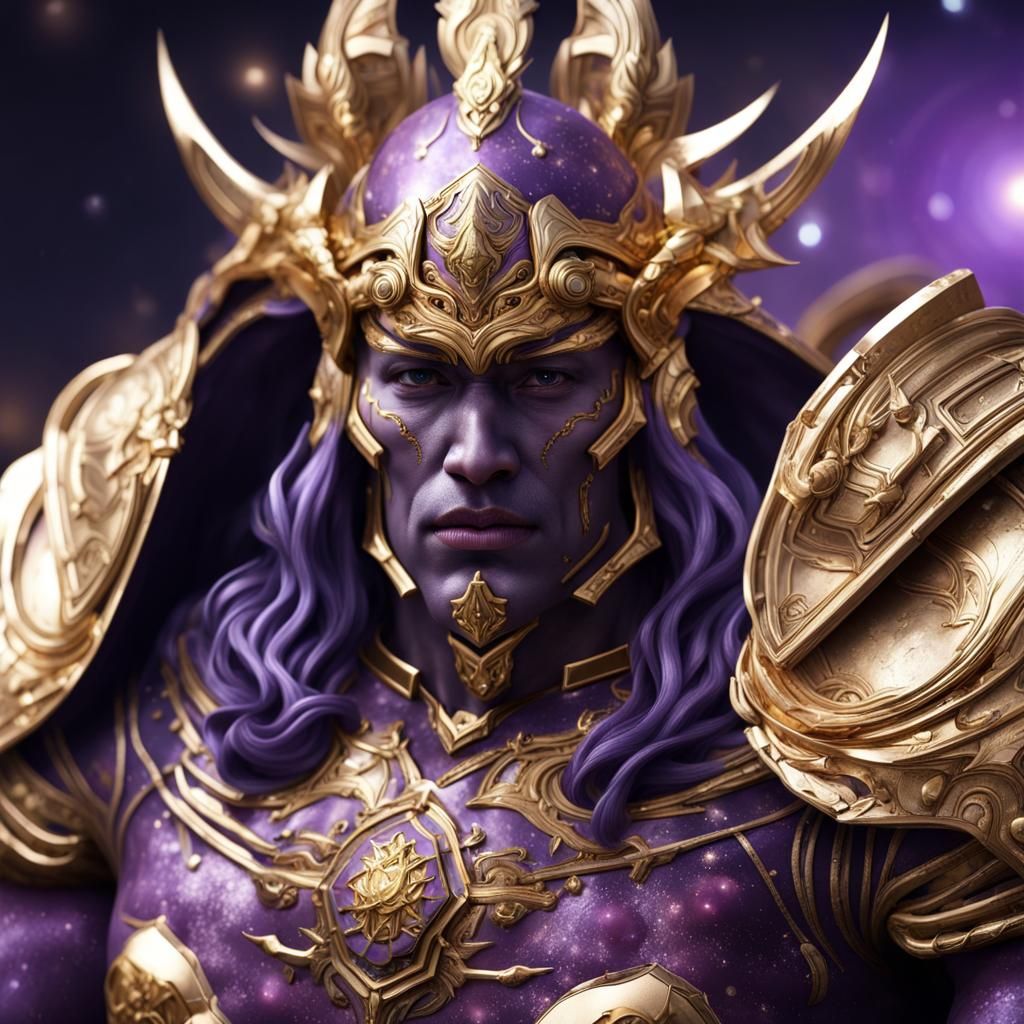 A purple universe god. WIth armor of shining gold all around his buff ...