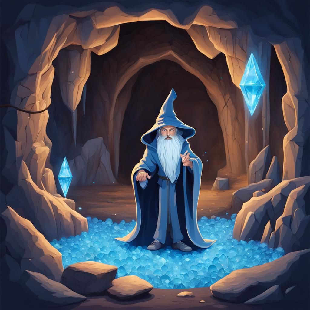 Magical cave with a wizard, a portal and illuminated by blue crystals ...
