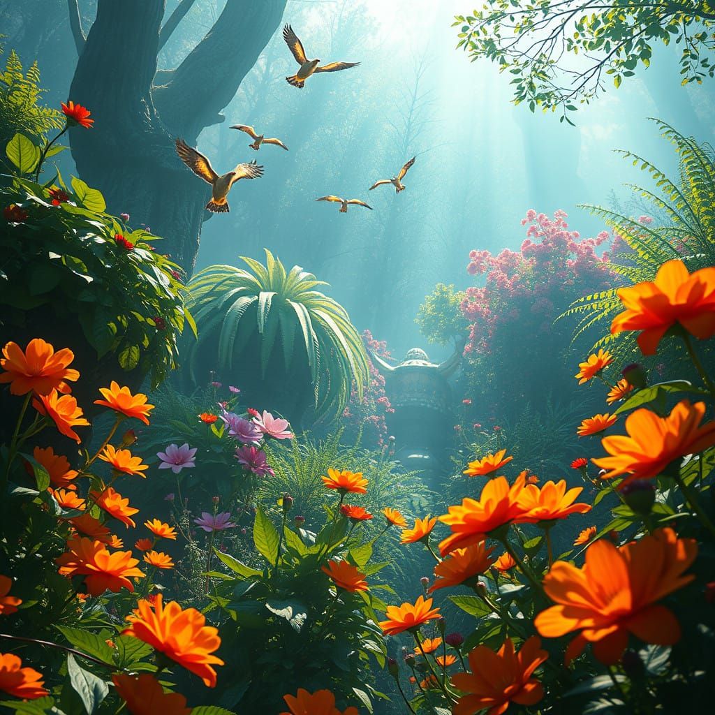 Luxurious Garden Scene in Vibrant Triadic Colors - AI Art