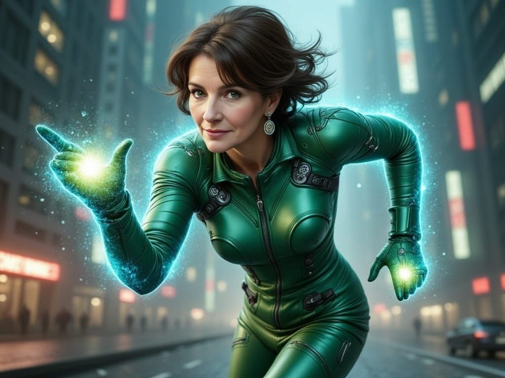 Digital Superhero Liz in Neon Green ASCII-Inspired... - AI Art