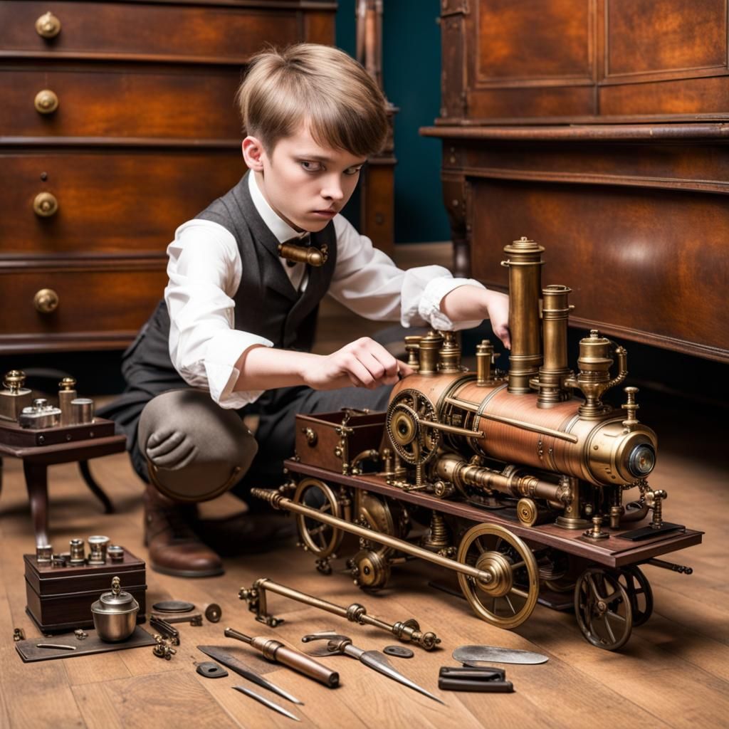 Steampunk train style invention by a young lad, playing in Victorian ...