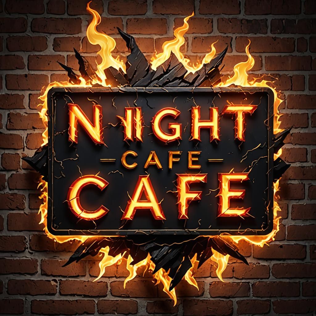 a sign made of lightning and fire that says "Night Cafe", realistic ...