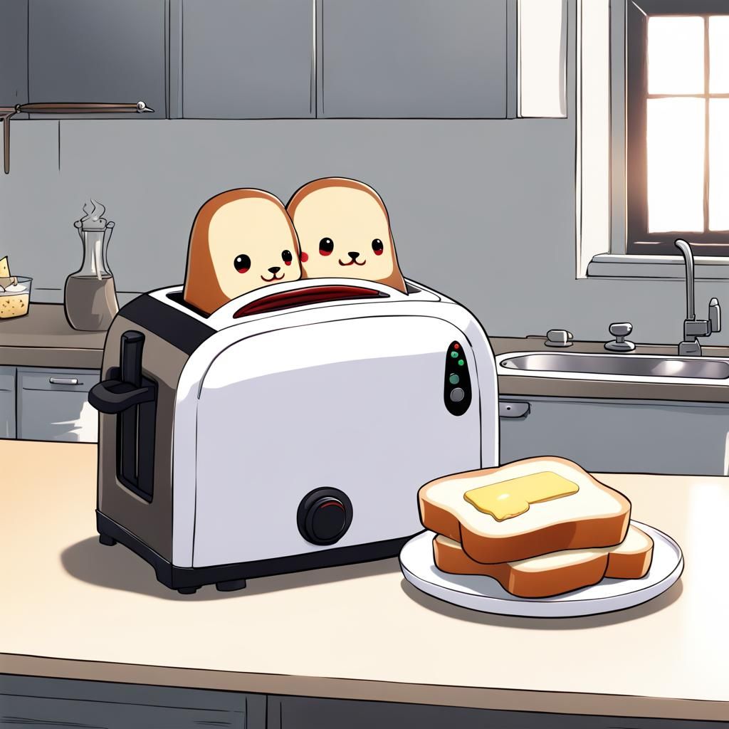 Toaster with toast popped up that has glowing red eyes and a sea otter ...