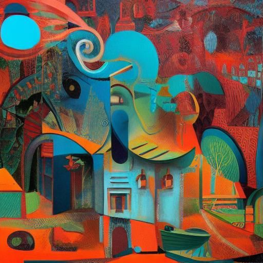 A painting as a window into an absurd world of bright colors ...