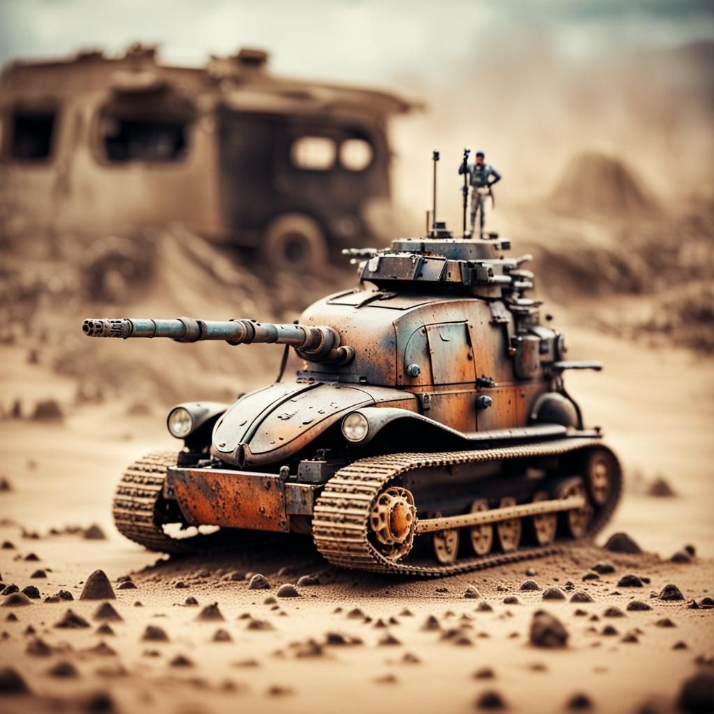 A converted Volkswagen Beetle Battle Tank with tank tracks, bulldozer ...