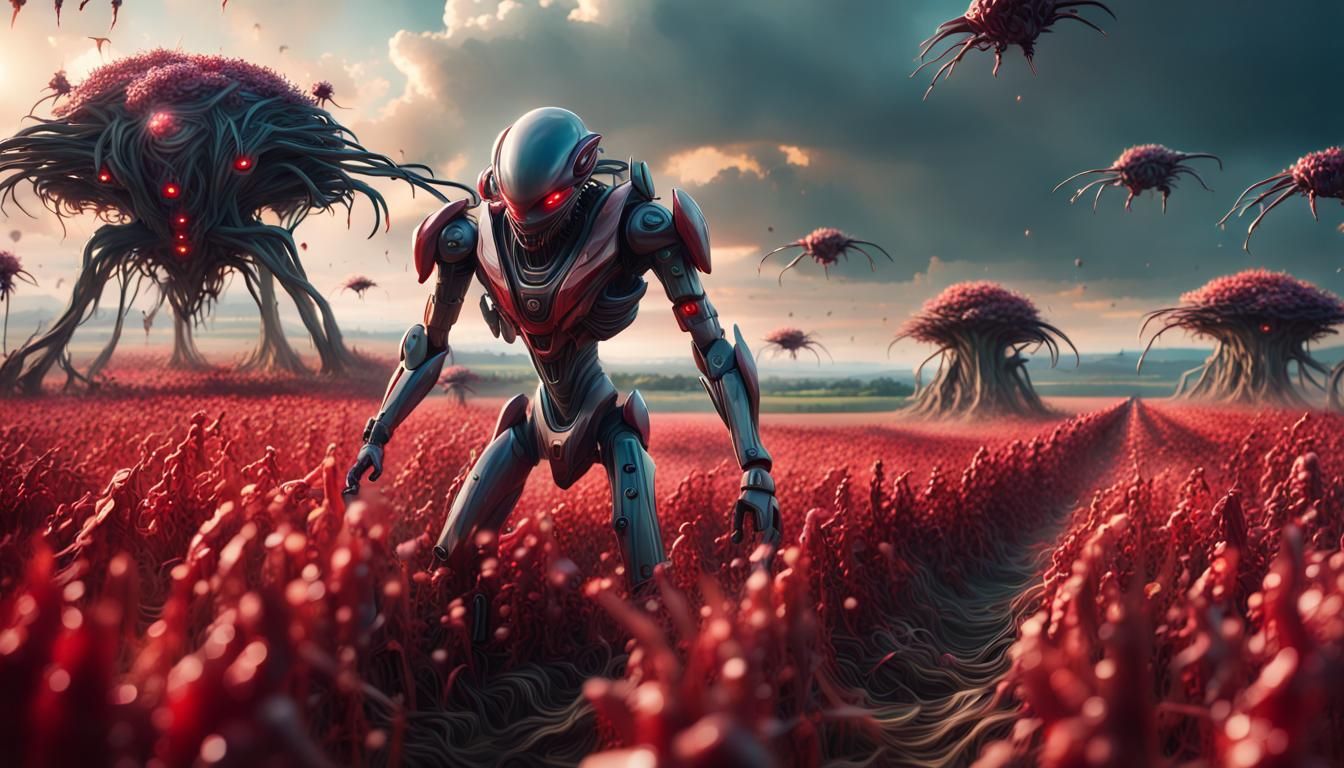 countryside landscape taken over by alien robot creatures harvesting ...