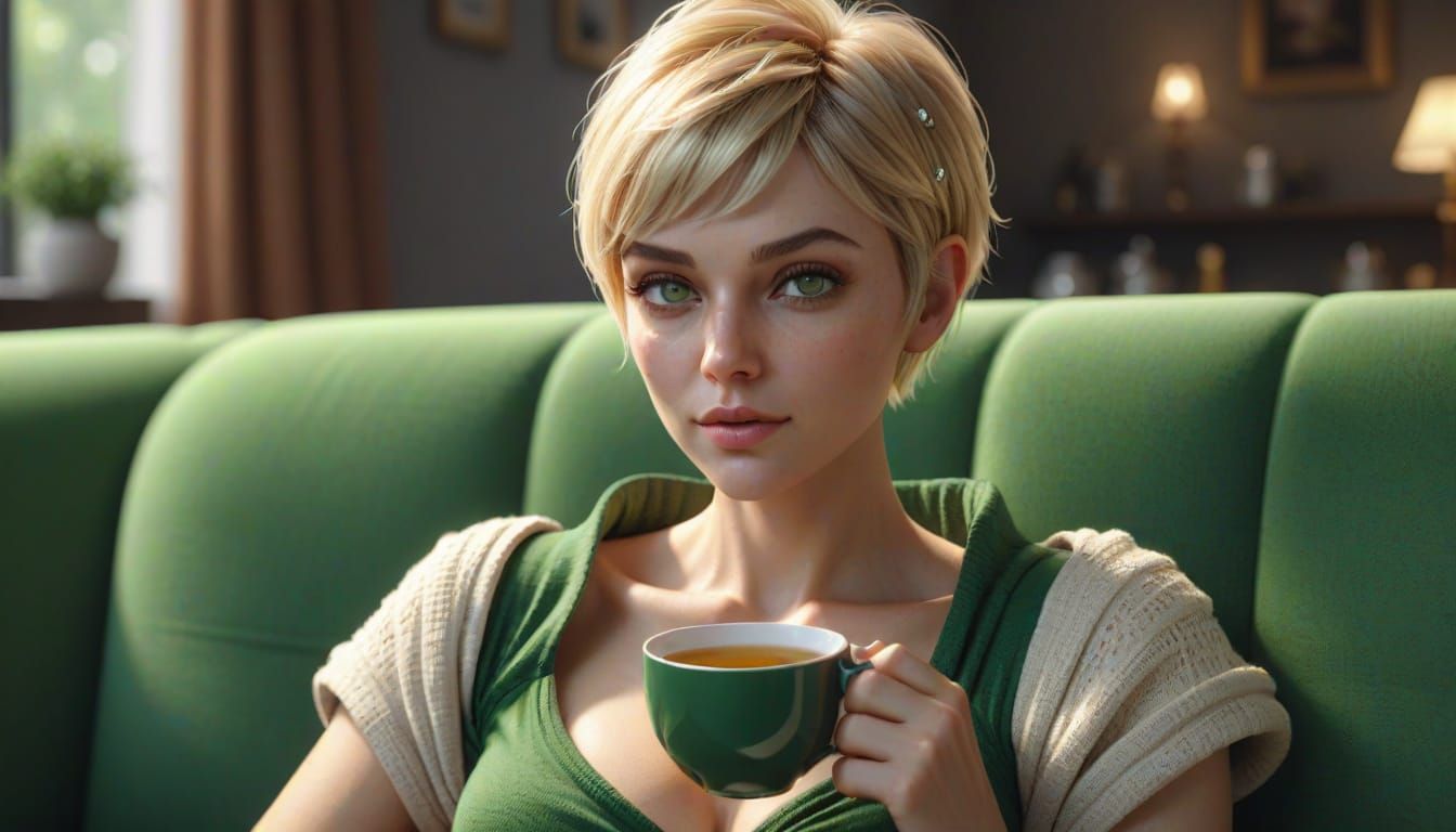 Tea Time With EDG - Elegant Pixie Woman Sips Tea in Hyperrea...