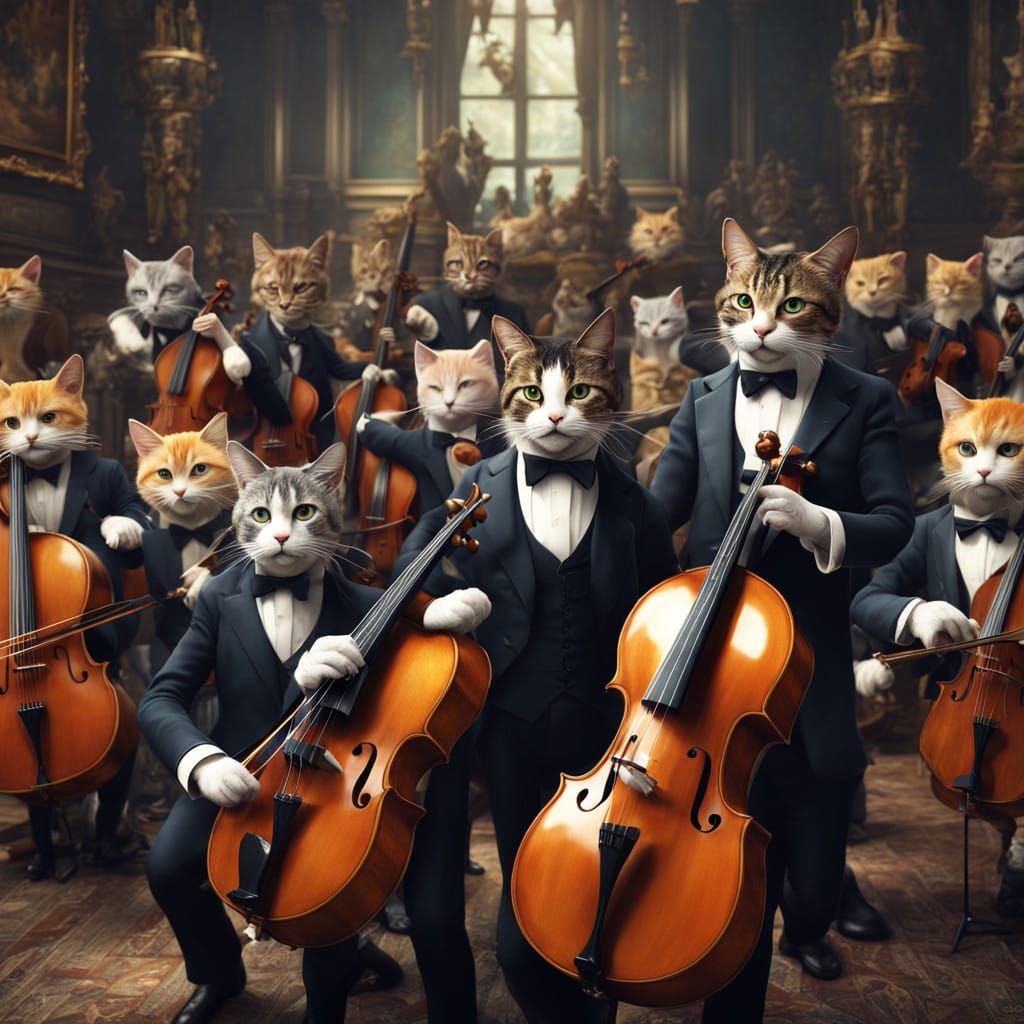 An orchestra of cats - Elegant Retro-Style Photorealistic Fe...