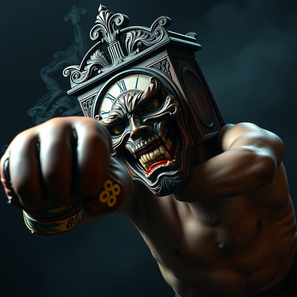 Macabre Boxer with Clock Head Punches Towards You - AI Art