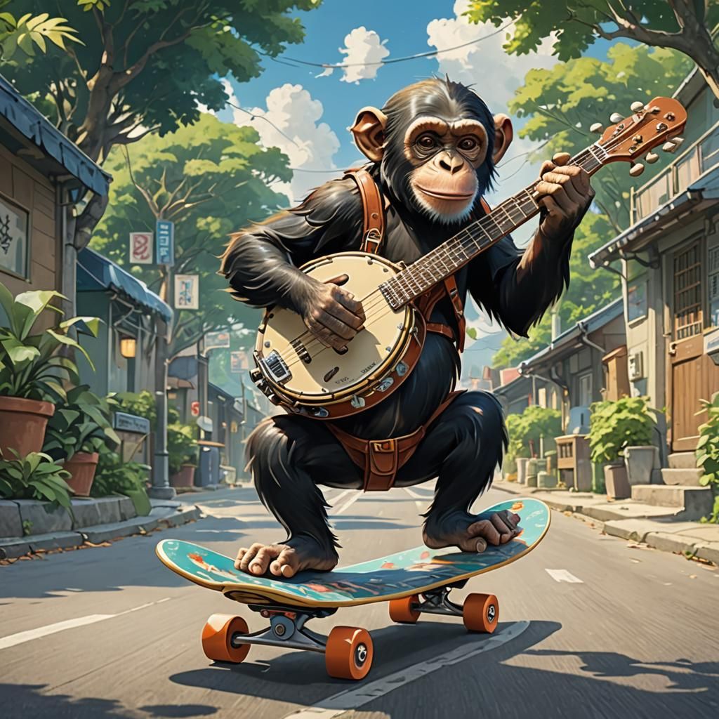 anthropomorphic chimpanzee playing banjo while on a weird-looking ...