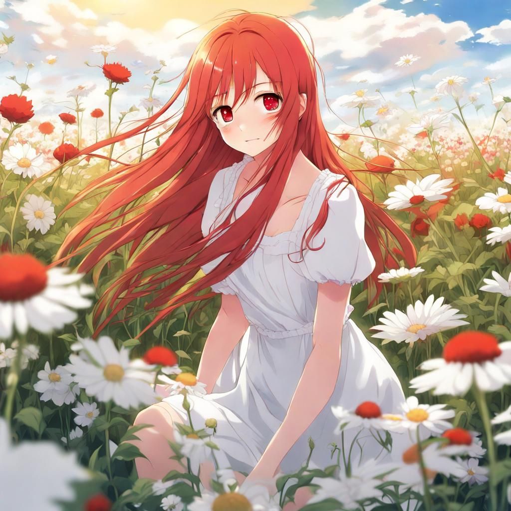 young-adult girl with pure red long hair and pure red eyes wearing a ...