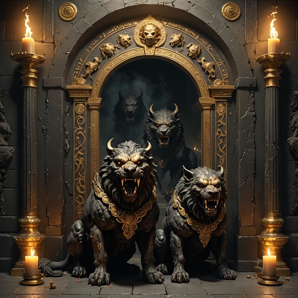 Mythic angry Cerberus is in front of the golden entry door of Agartha ...