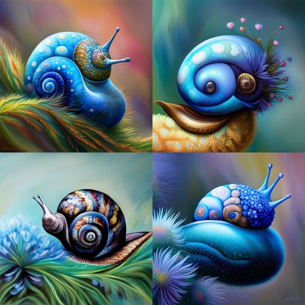 a portrait of a beautiful metallic blue whimsical snail with intricate ...
