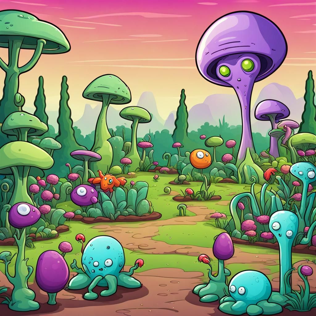 Cartoon alien garden - AI Generated Artwork - NightCafe Creator