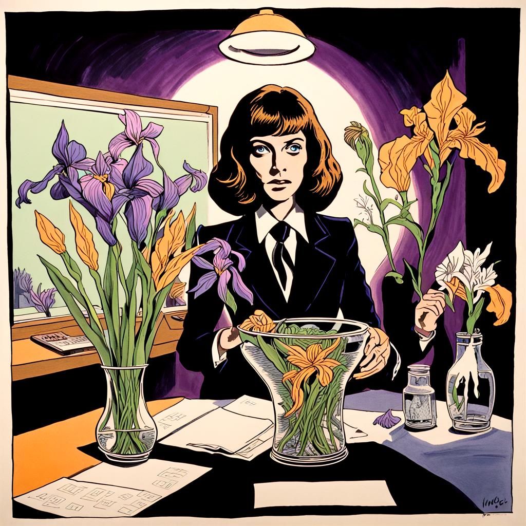 Iris and Lillies in a vase: Retro 70s uk telethon with hazy overhead studio lights; meta ...