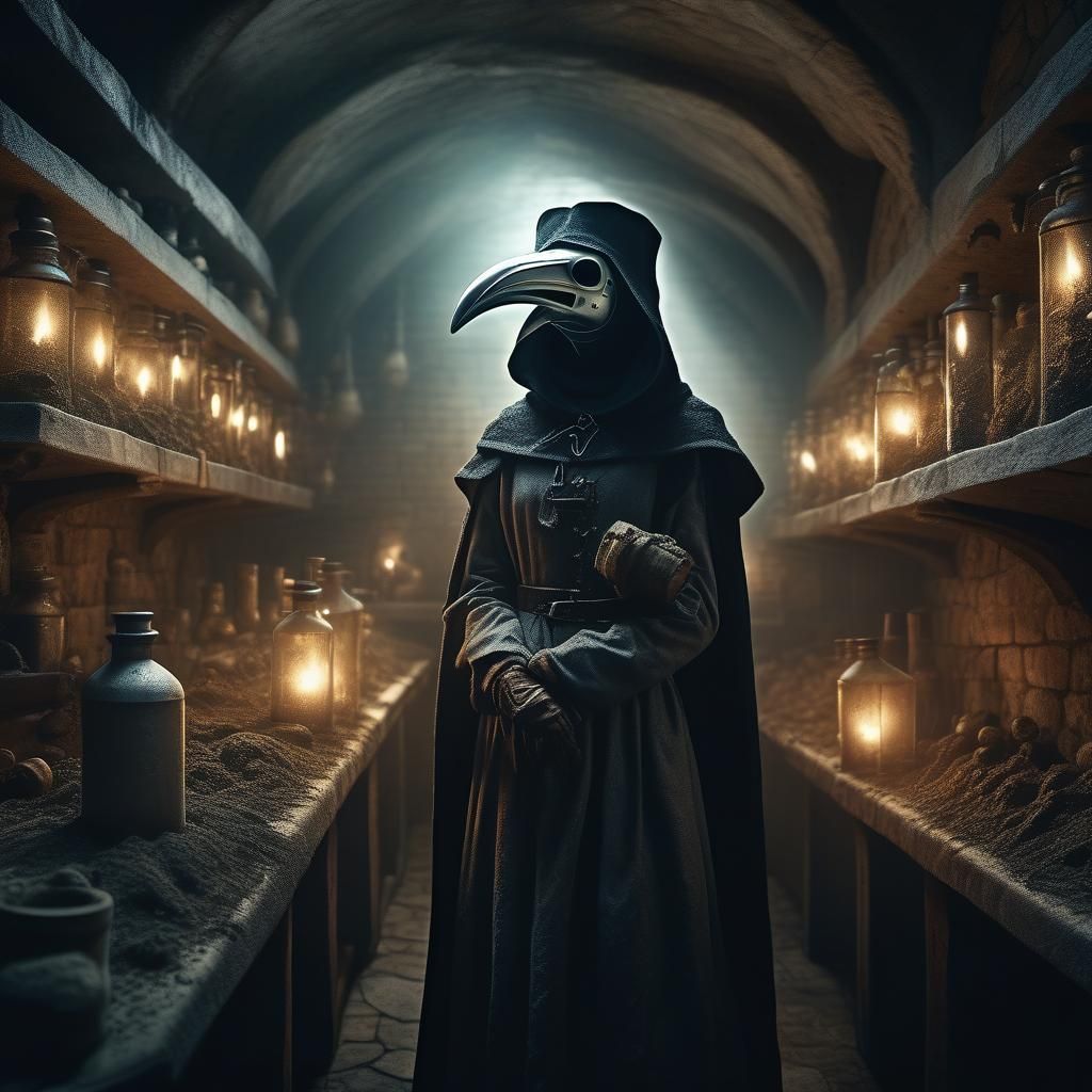 concept art of plague doctor woman in underground medieval laboratory, depth of field - AI ...