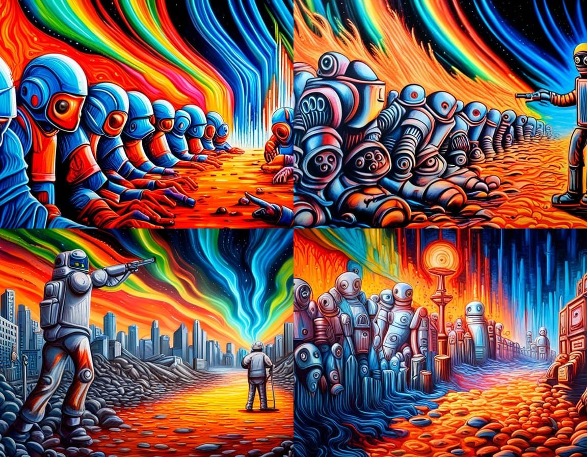 human and robots battle in the war zone 5000 AD against alien invasion ...