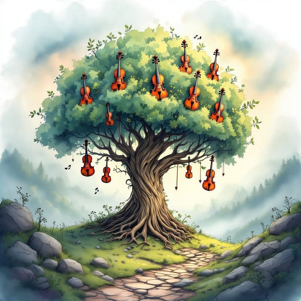 Stradivarius Tree - Whimsical Tree of Tiny Violins in Enchan...